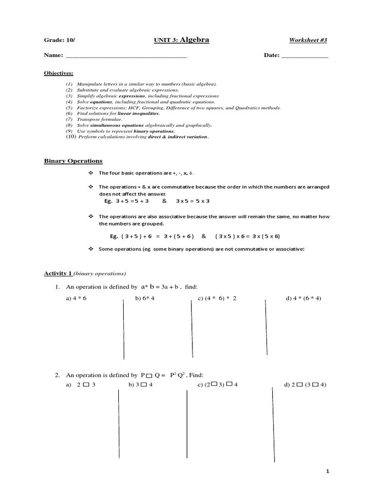 Grade 10 Algebra Worksheet Activities | PDF | Algebra | Mathematics