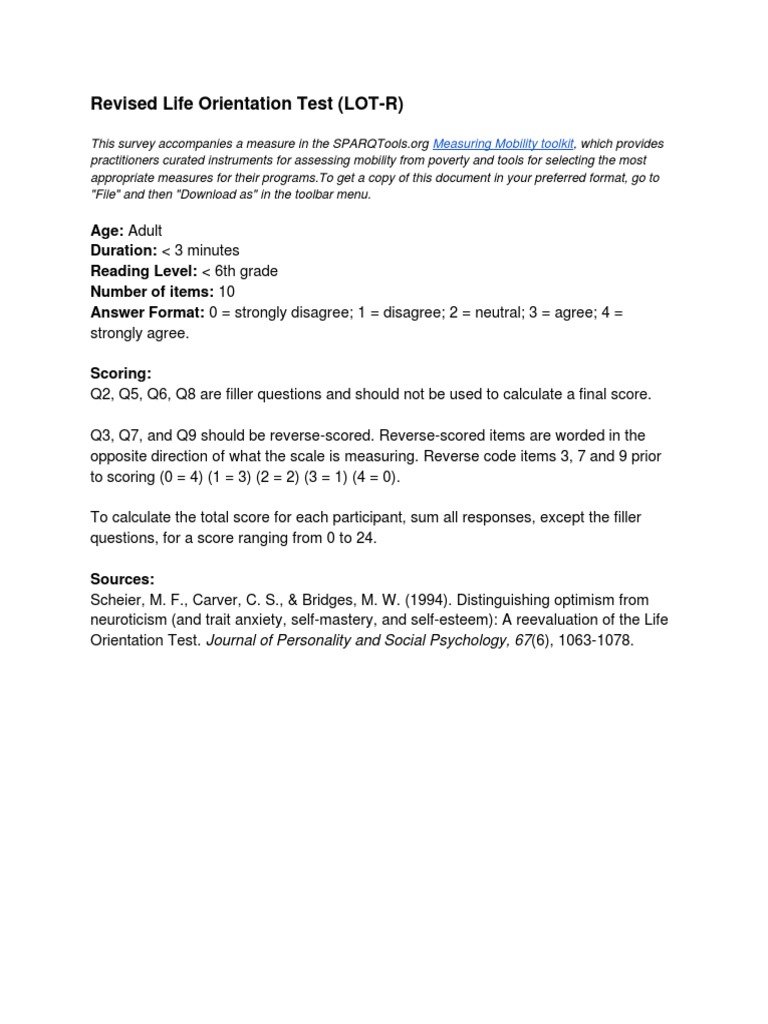 Life Orientation Test-Revised (LOT-R) | PDF | Optimism | Social Psychology