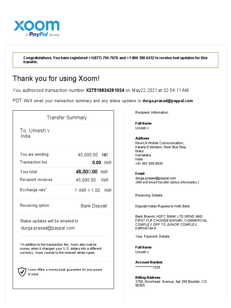 Thank You For Using Xoom!: Transfer Summary | PDF | Financial ...