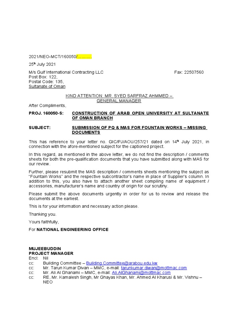 Draft Letter To GIC - Fountain Works - Missing Documents | PDF