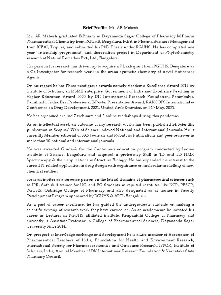 AR Mahesh One Page Writeup | PDF | Thesis | Bangalore