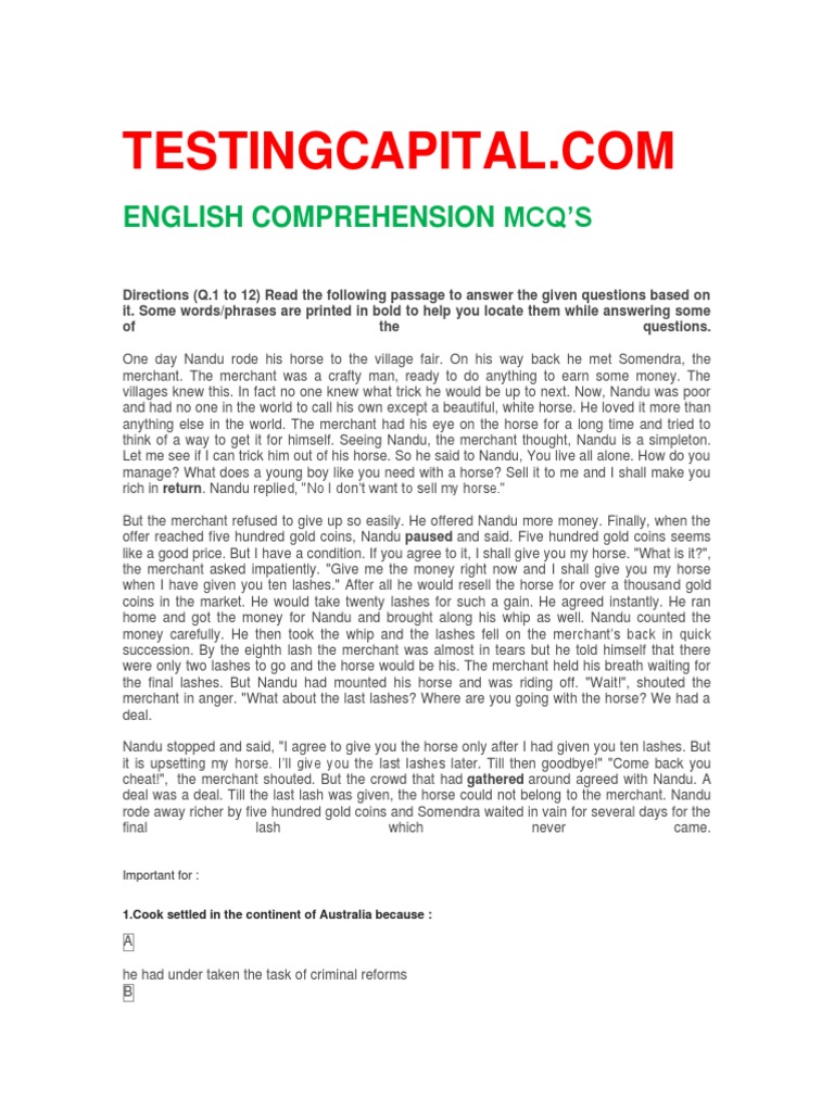 English Comprehension Mcqs | PDF
