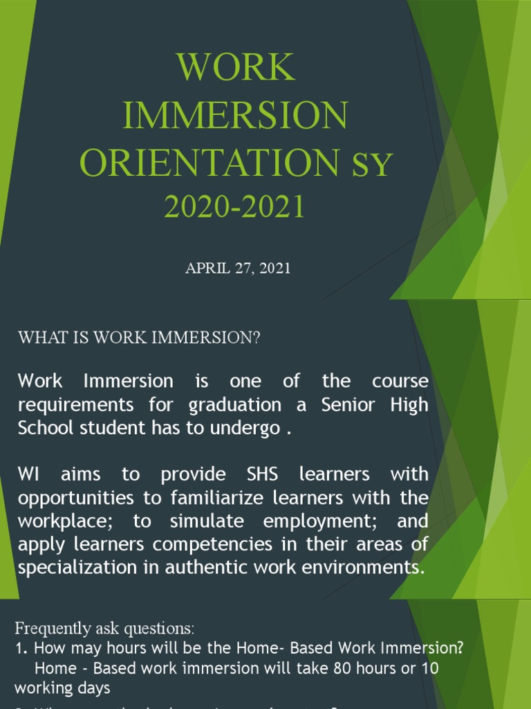 Work Immersion Orientation Presentation Sy 2020 2021 | PDF | Behavior Modification | Cognition