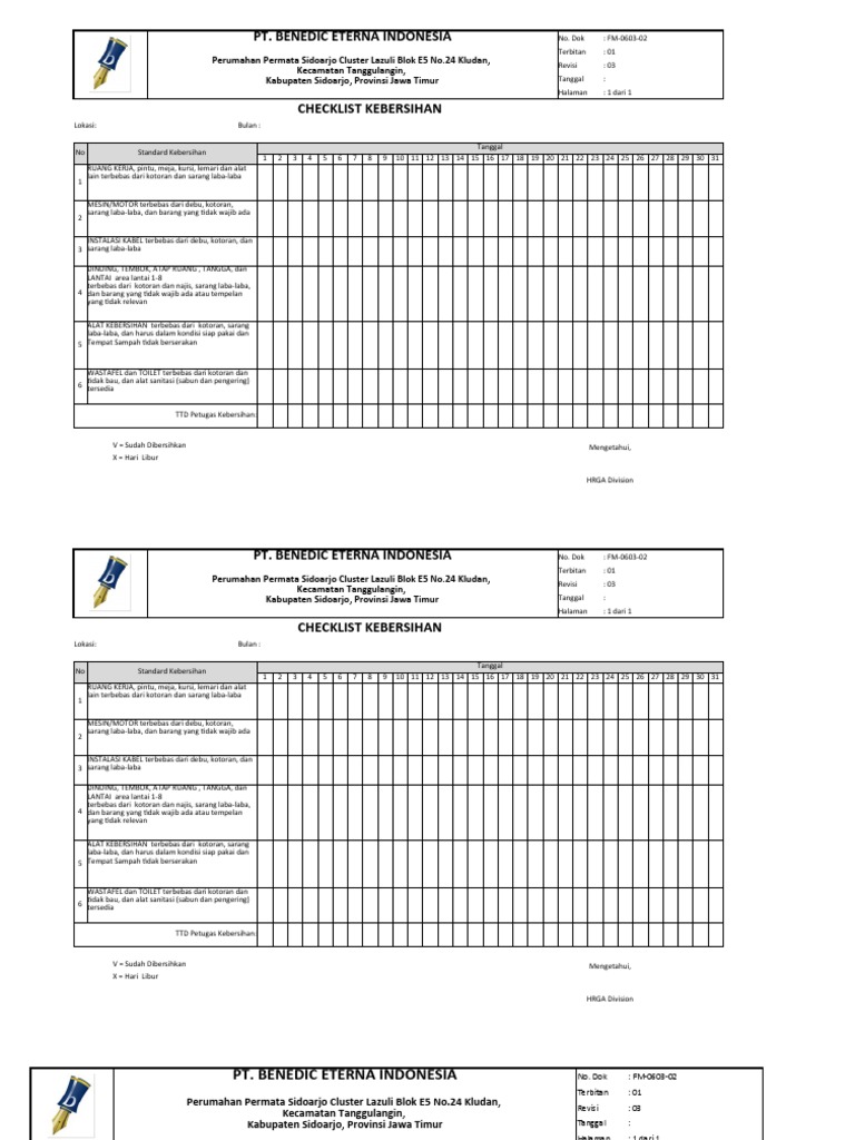 Checklist Kebersihan Ruangan Harian | PDF