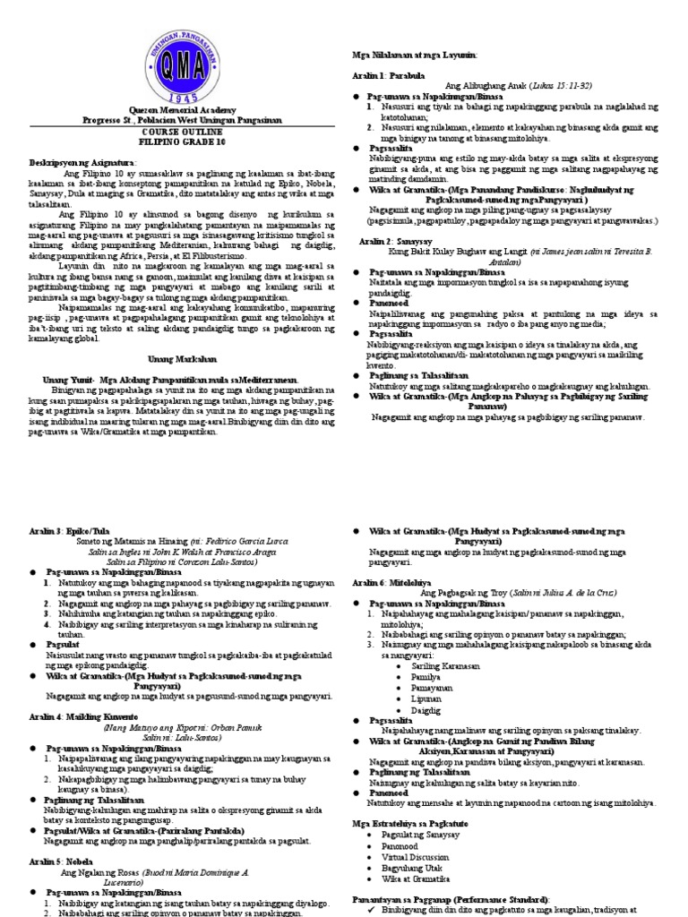 Course Outline Filipino Grade 10 Revised 1 | PDF