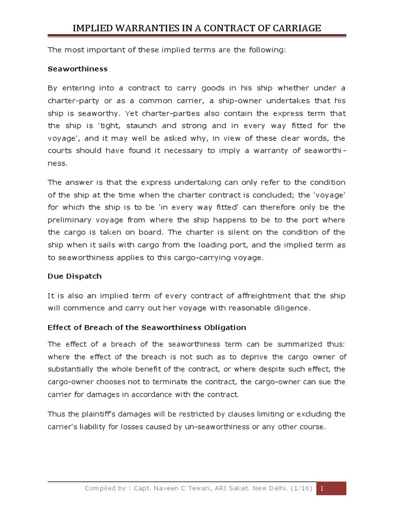 Contract of Carriage - Implied Warranties | PDF | Breach Of Contract ...