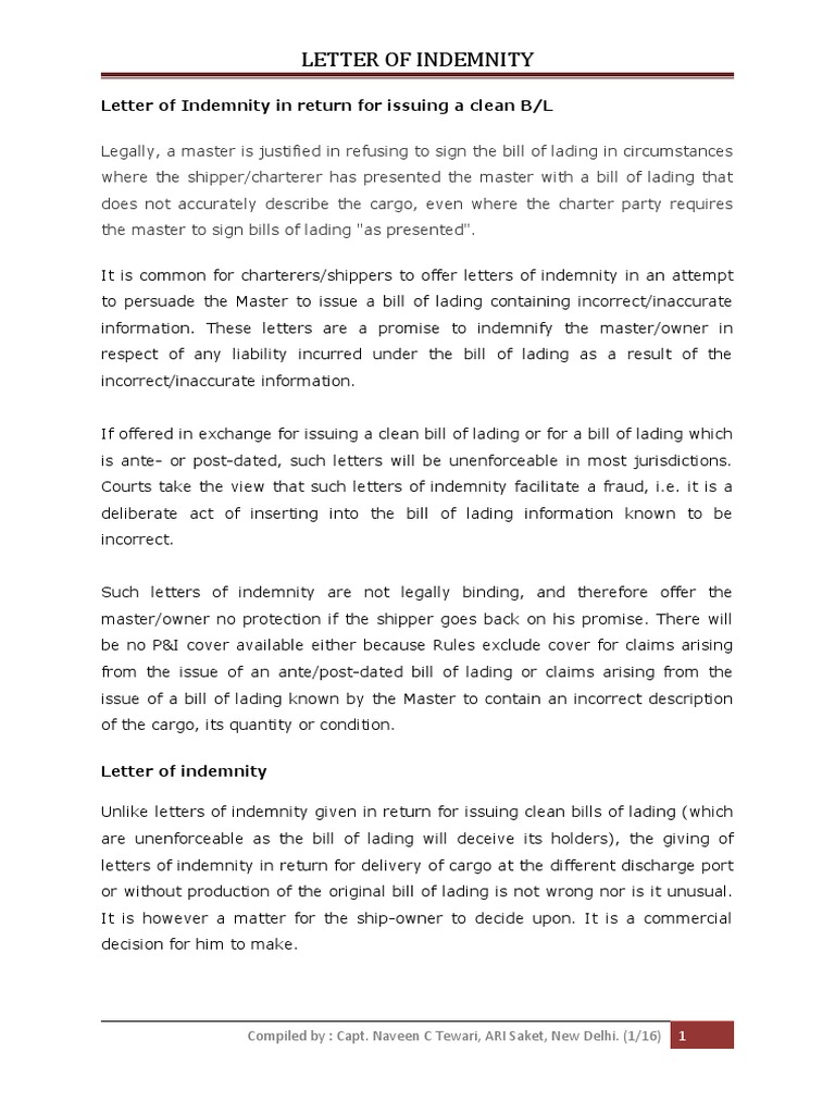 Letter of Indemnity | PDF | Indemnity | Bill Of Lading