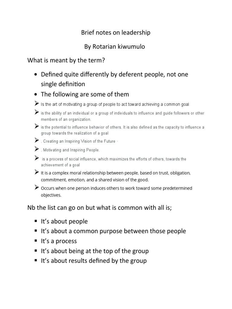 Brief Notes On Leadership | PDF | Leadership | Goal