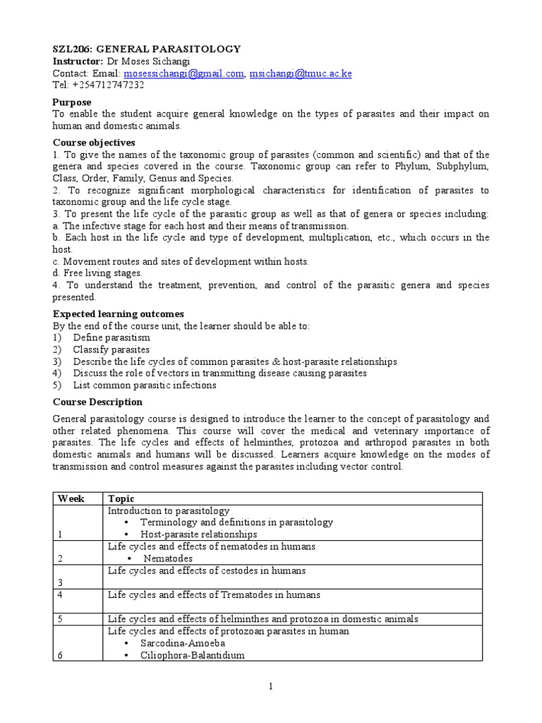 SZL206 General Parasitology Course Outline-3 | PDF | Parasitism ... SZL206 General Parasitology Course Outline-3 | PDF | Parasitism ...