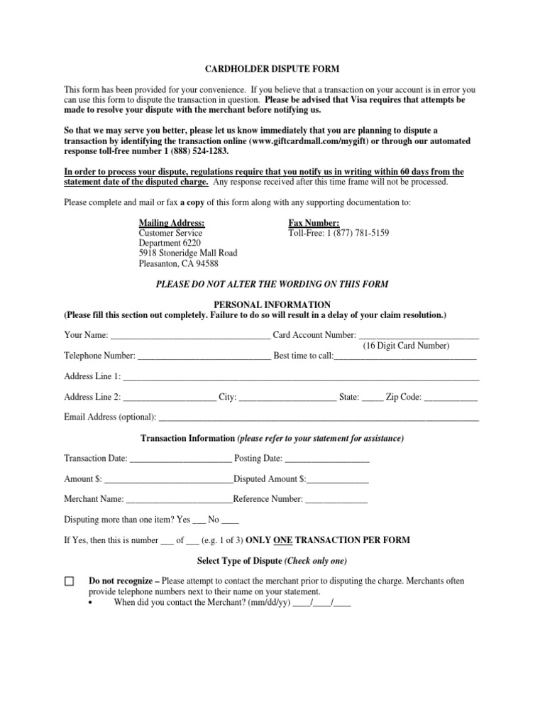 CARDHOLDER DISPUTE FORM-Gift 060910 | Financial Transaction | Cheque