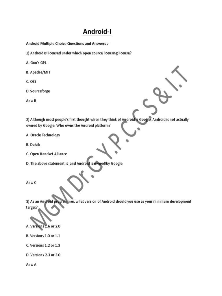 Android-I: Android Multiple Choice Questions and Answers | Download Free PDF | Android ...