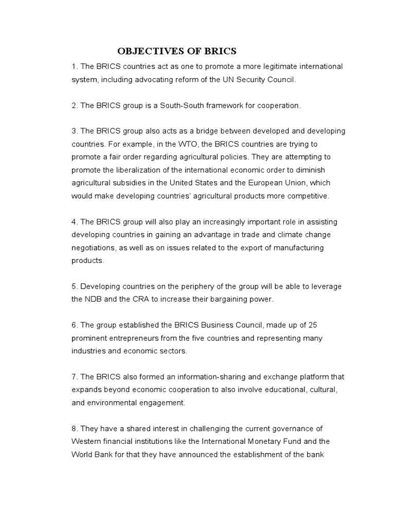 Objectives of Brics | PDF | Trade | Developing Country