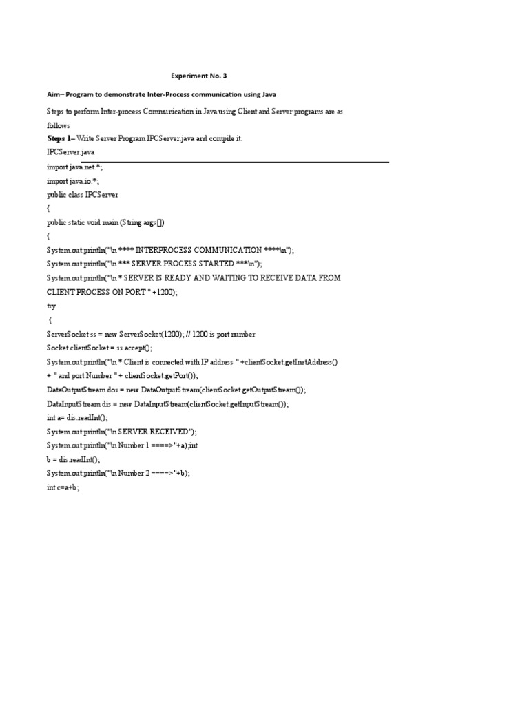 Experiment No. 3 Aim - Program To Demonstrate Inter-Process Communication Using Java | PDF ...