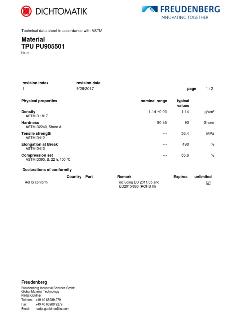 Material TPU PU905501: Technical Data Sheet in Accordance With ASTM ...