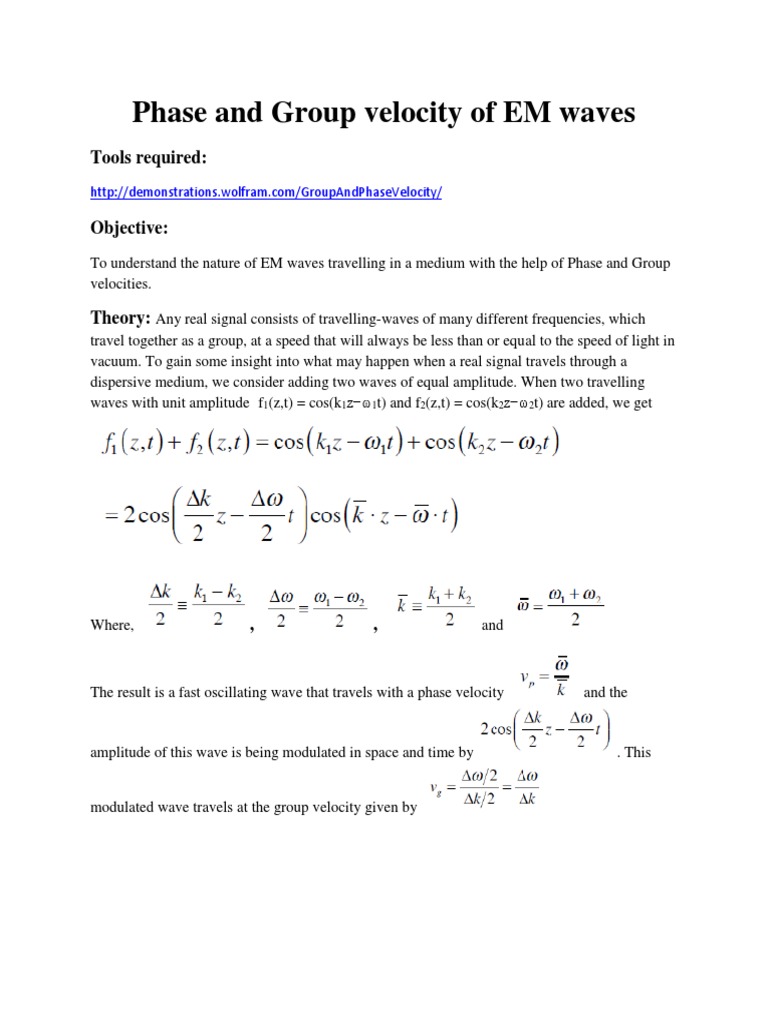 Phase and Group Velocity of EM Waves | PDF