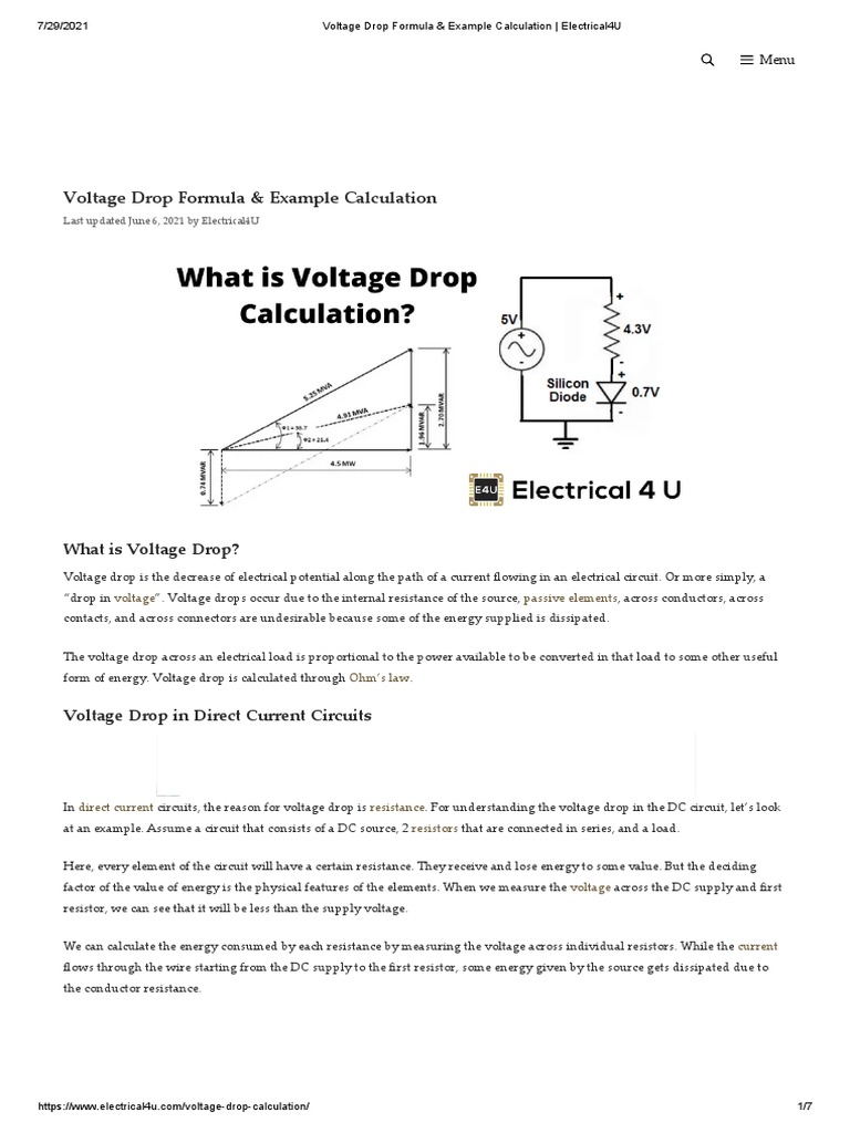 Voltage Drop Formula & Example Calculation - Electrical4U | PDF ...