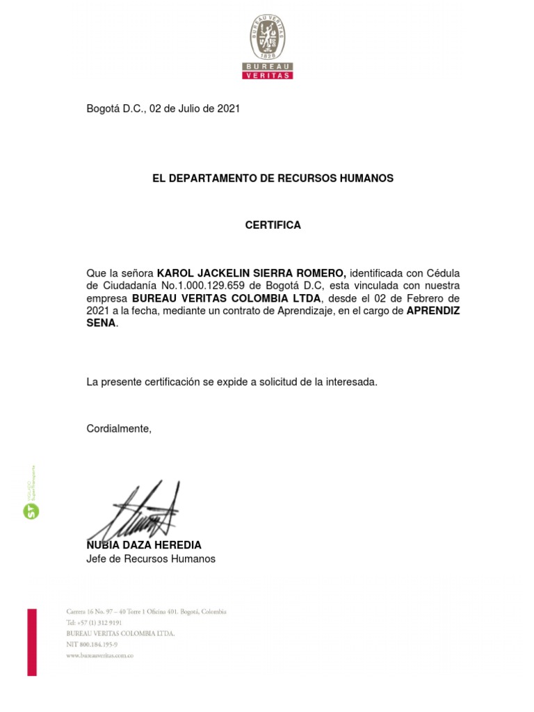 Certificado Laboral de Karol Sierra | PDF | Finanzas y dinero