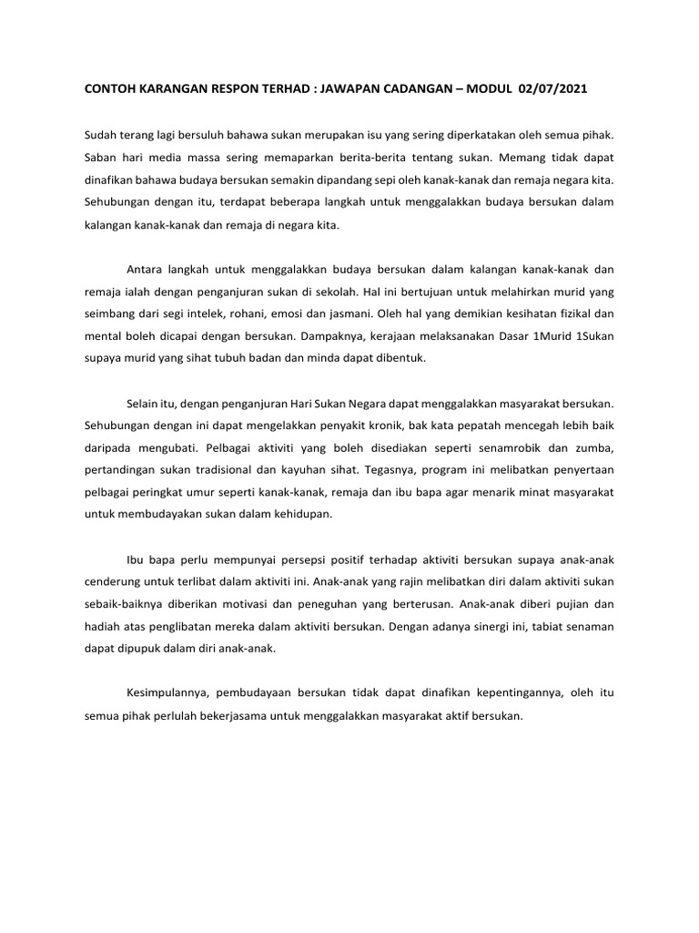Contoh Karangan Respon Terhad Modul 02072021 | PDF