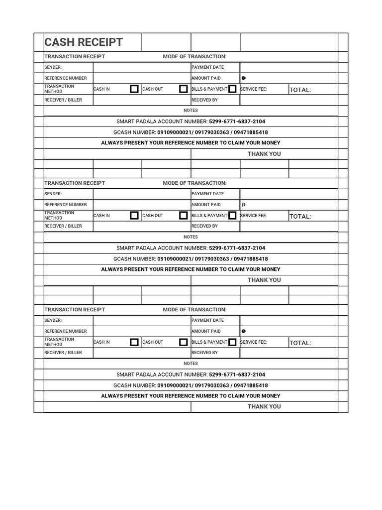 Cash Receipt Template Printable | PDF