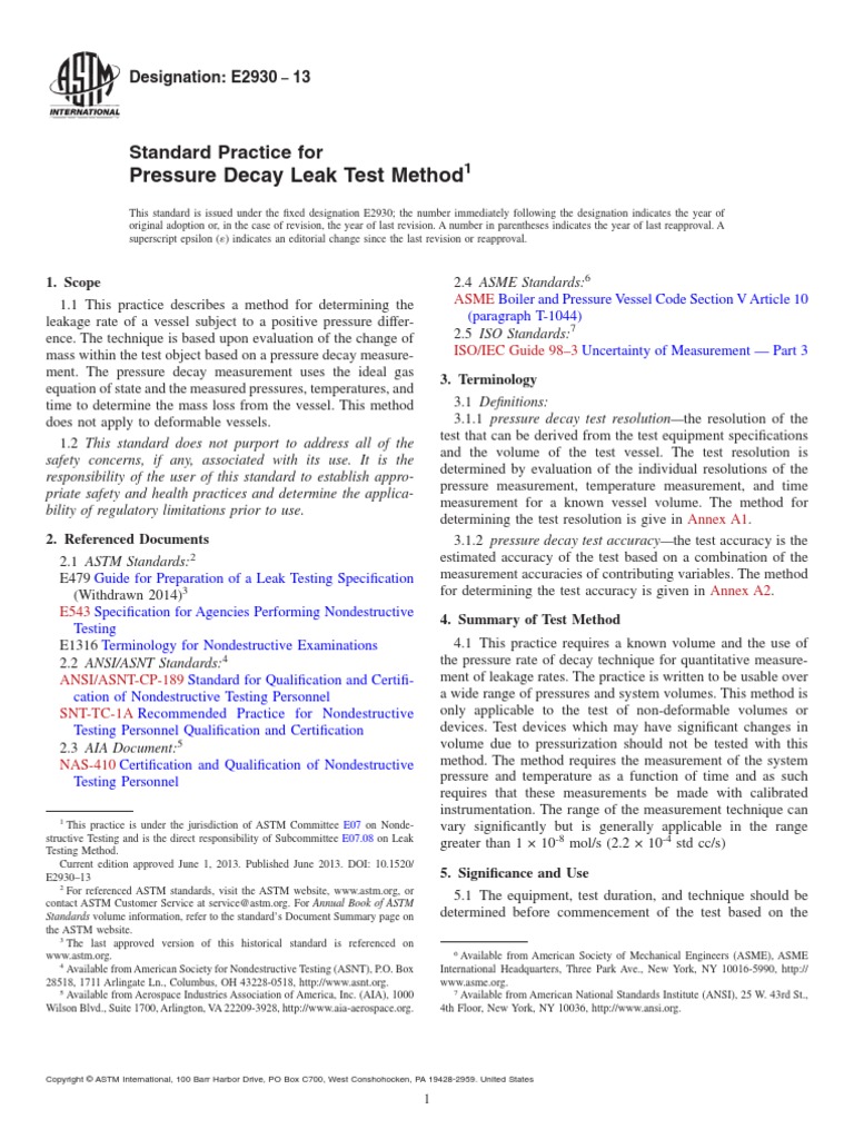 Pressure Decay Leak Test Method: Standard Practice For | PDF ...