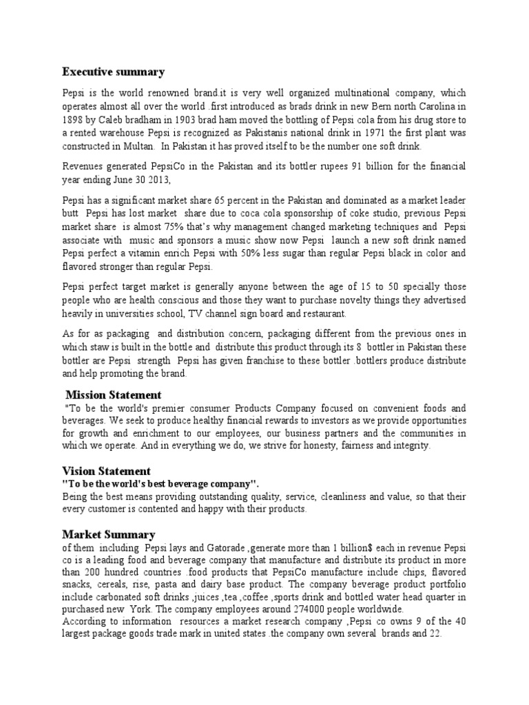 Pepsi Executive Summary | PDF | Pepsi Co | Pepsi