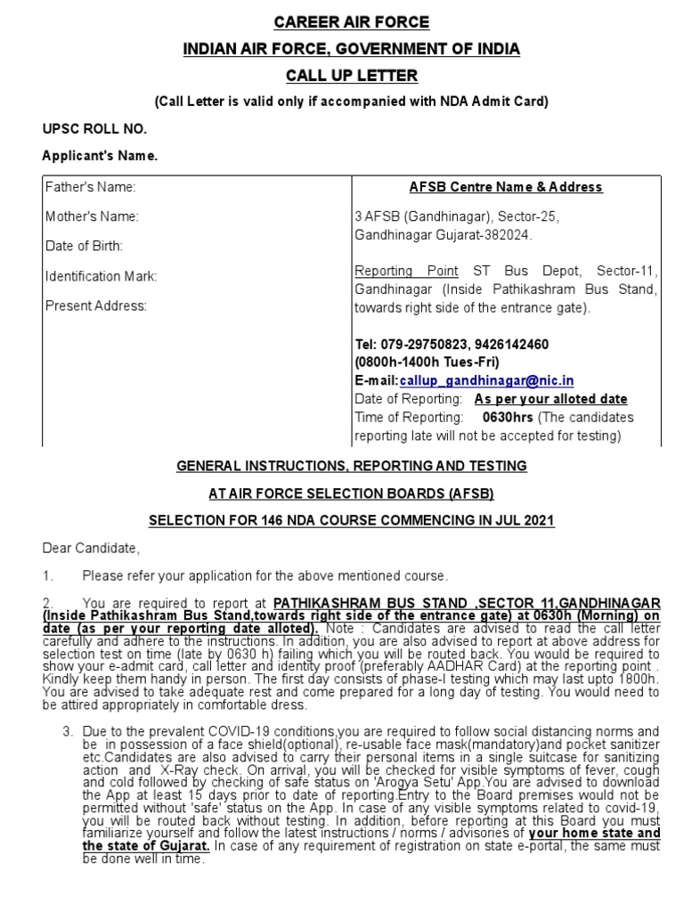 Call Up Letter 3 Afsb Gandhinagar For Nda 146 Course. | PDF | Glasses ...