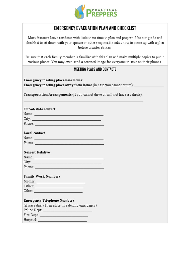 Emergency Evacuation Plan and Checklist: Meeting Place and Contacts | PDF