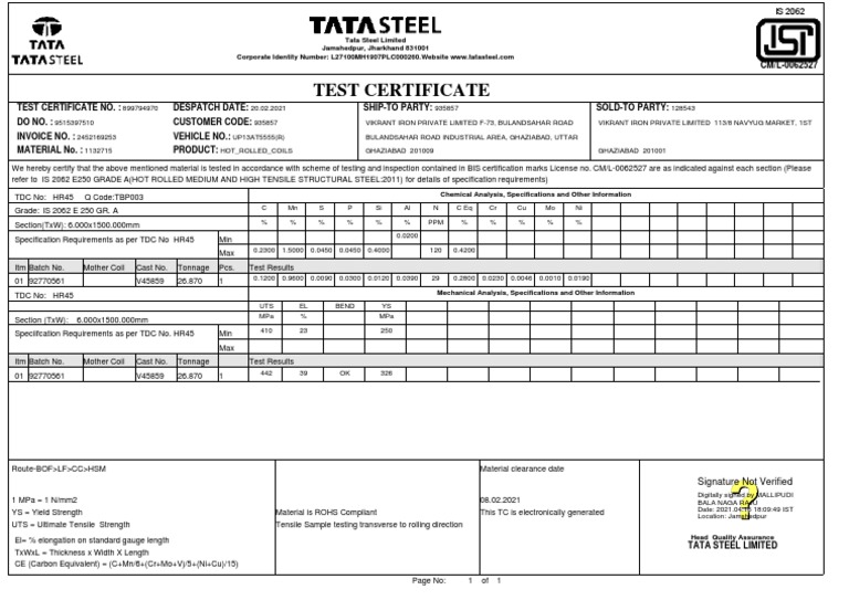 Tata Steel Hot Rolled Coils Test Certificate | PDF | Ultimate Tensile ...
