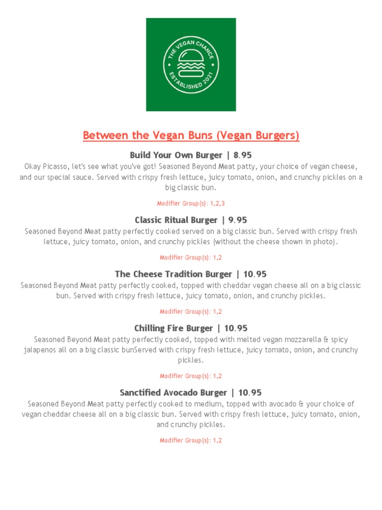 Menu - Docs - The Vegan Chance Final Menu | PDF | Hamburgers | Salad