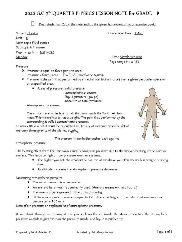 G9 Physics - Monday Lesson Note | PDF | Pressure | Atmosphere