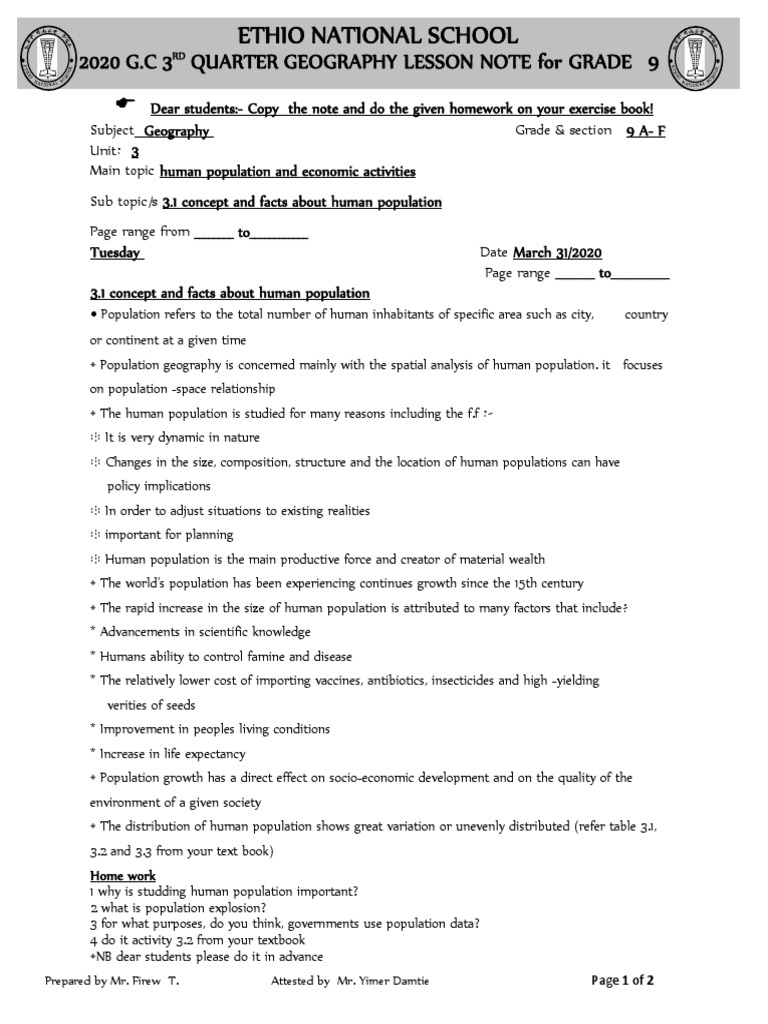 Geography Grade 9 - Lesson Note | PDF | Census | Population