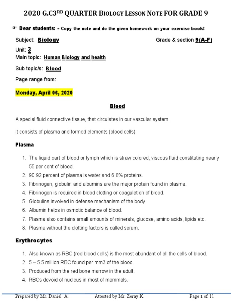 Grade 9 Biology: Blood and Plasma Notes | PDF | Blood Type ...