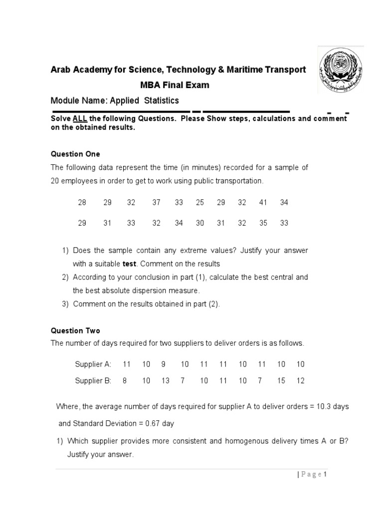MBA Exam - SG | PDF | Standard Deviation | Statistics