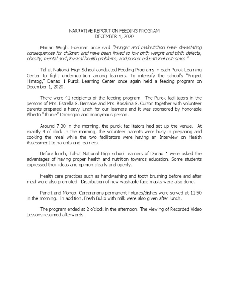 Narrative Report On Feeding Program | PDF | Malnutrition | Diet & Nutrition