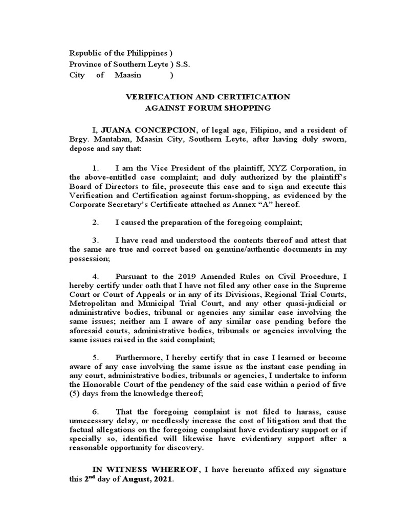 Verification Against Forum Shopping | PDF | Complaint | Justice