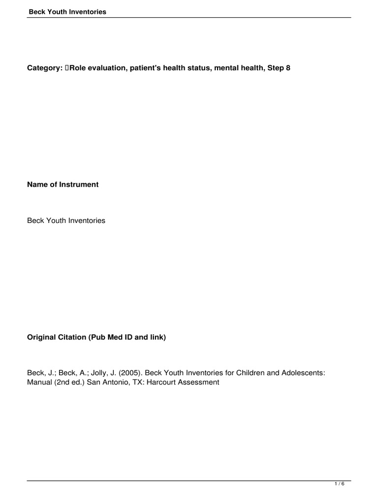 Beck Youth Inventories | PDF | Cognitive Behavioral Therapy | Adolescence