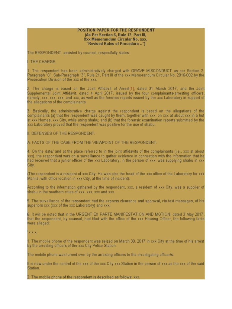 Position Paper For The Respondent | PDF | Burden Of Proof (Law ...