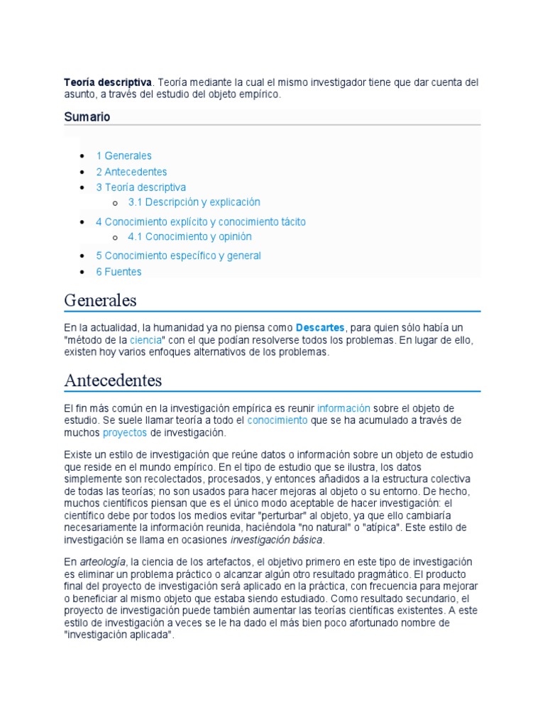 Teoría Descriptiva | PDF | Conocimiento | Teoría