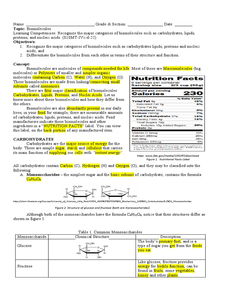 Topic: Biomolecules: Figure 1. Nutrition Facts Label | PDF ...