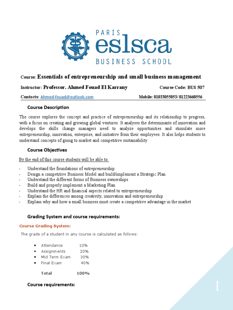 Course Outline - Essentials of Entrepreneurship and Small Business ...