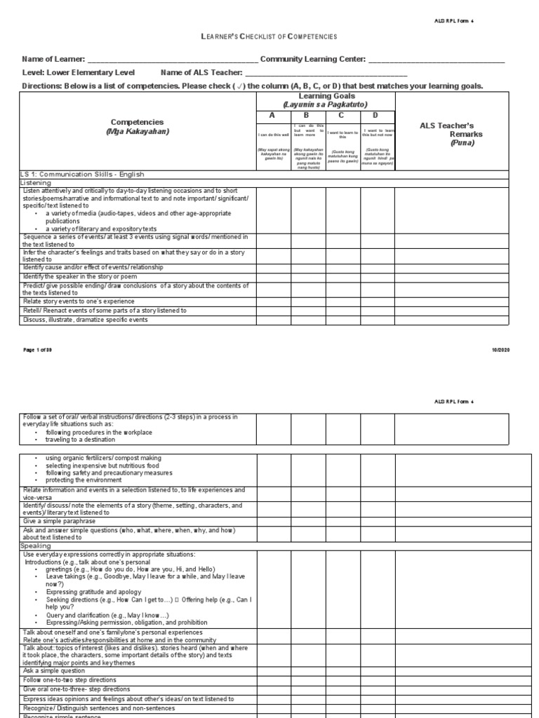 ALS RPL Form 4 Competency Checklist | PDF | Plants | Ecosystem