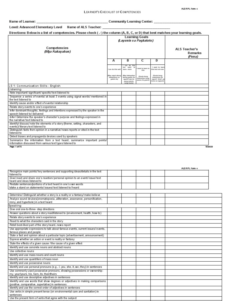 RPL Form 4 AEL Learners Checklist of Competencies | PDF | Verb | Adverb