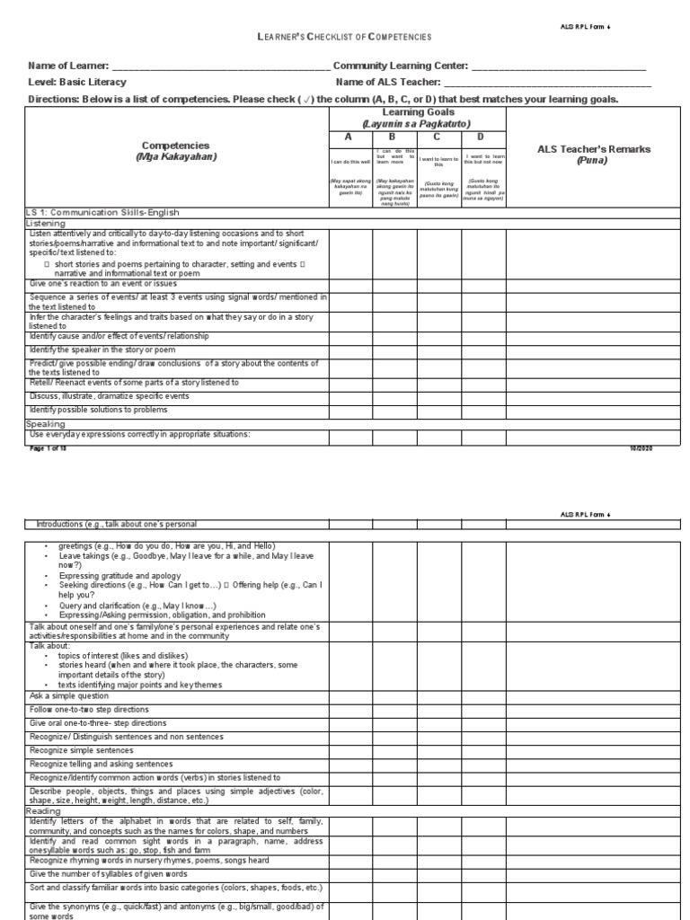RPL Form 4 BL Learners Checklist of Competencies | PDF | Subtraction ...