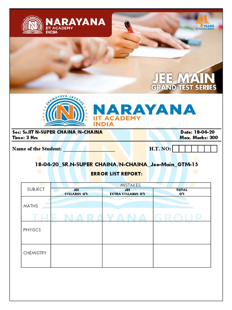 Narayan Iit Academy Grand Test Series Jee Mains Date 18-04-2020 | PDF ...
