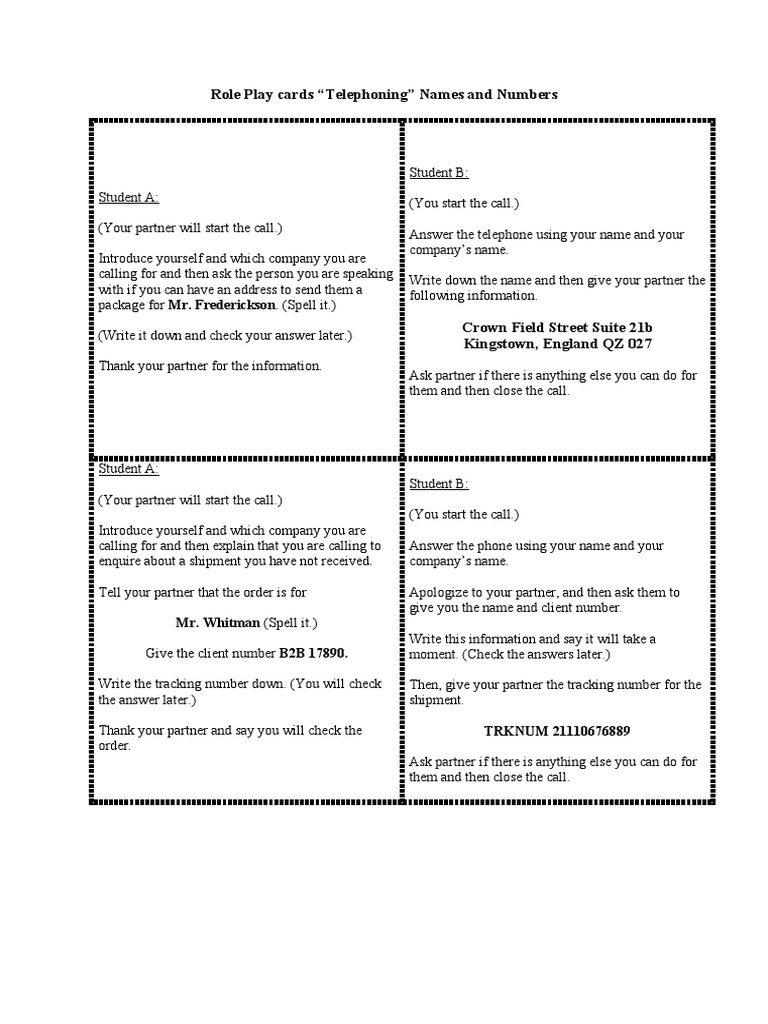 Telephoning Role Play Cards for Students | PDF