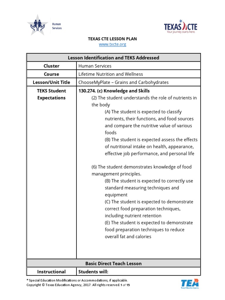 Lesson Plan ChooseMyPlate - Grains and Carbohydrates | PDF ...