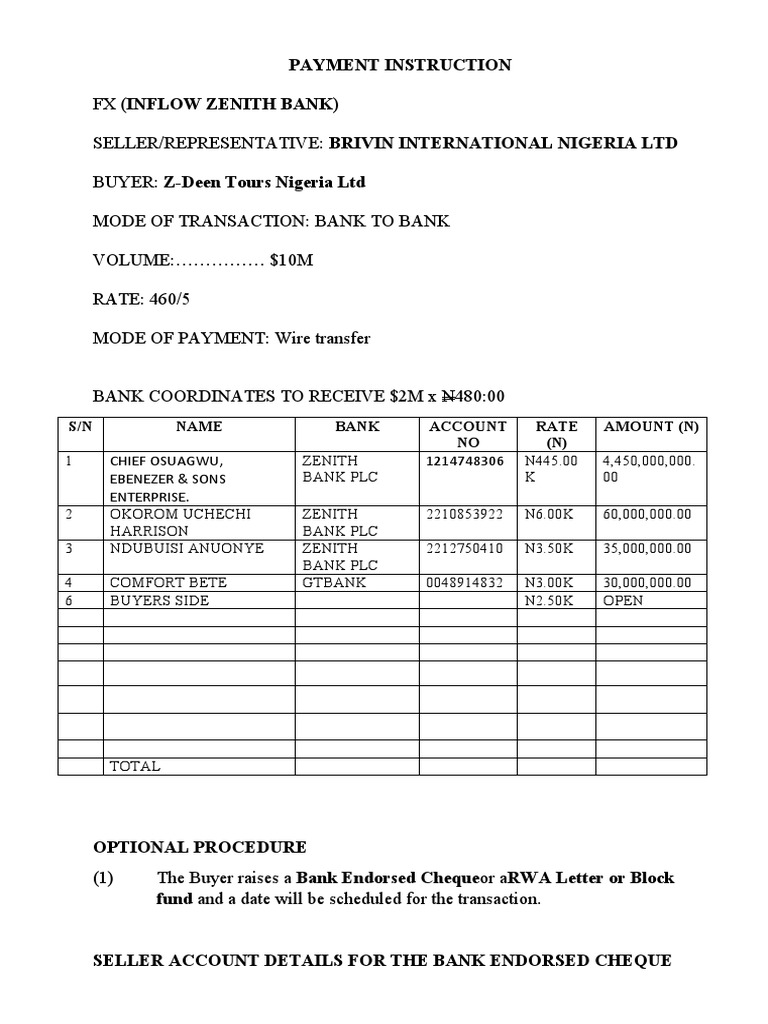 Payment Instructions for $10M Transaction | PDF | Finance & Money ...