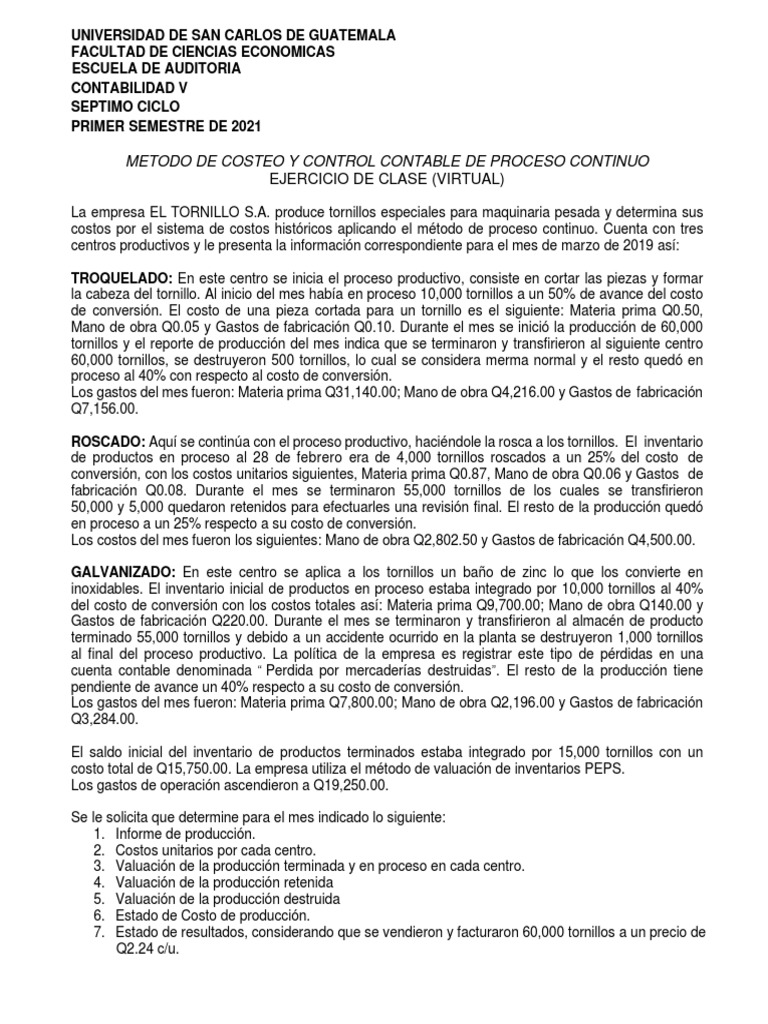 Ejer Proc Continuo El Tornillo Sa 2021 | PDF | Tornillo | Economias