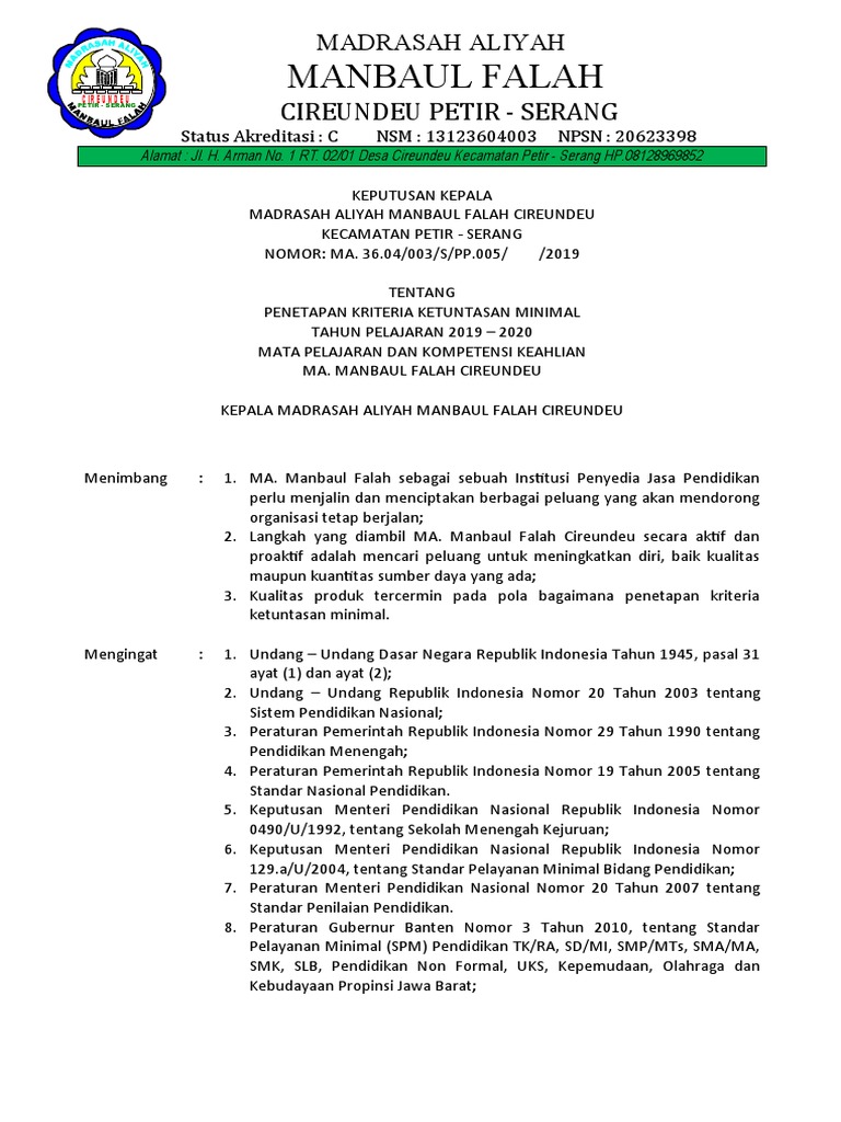 Sk Penetapan Kkm Pdf