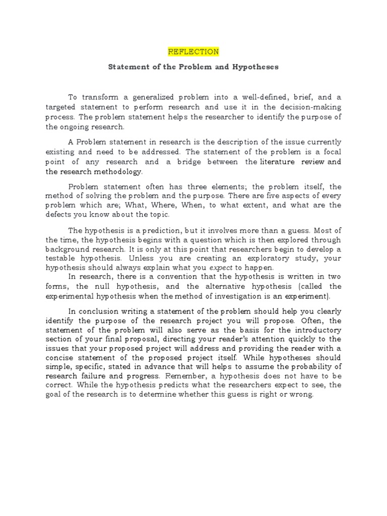 REFLECTION in Statement of The Problem and Hypotheses | PDF